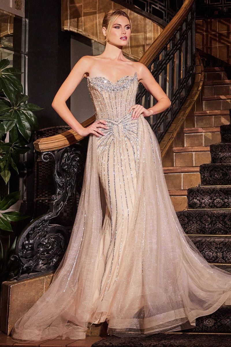 STRAPLESS CRYSTAL EMBELLISHED GOWN WITH OVERSKIRT BY LADIVINE CB158 ...