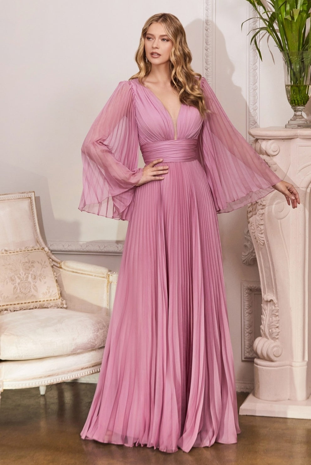 Pleated Chiffon Long Sleeve Gown by Cinderella Divine CD242 & CD242C ...